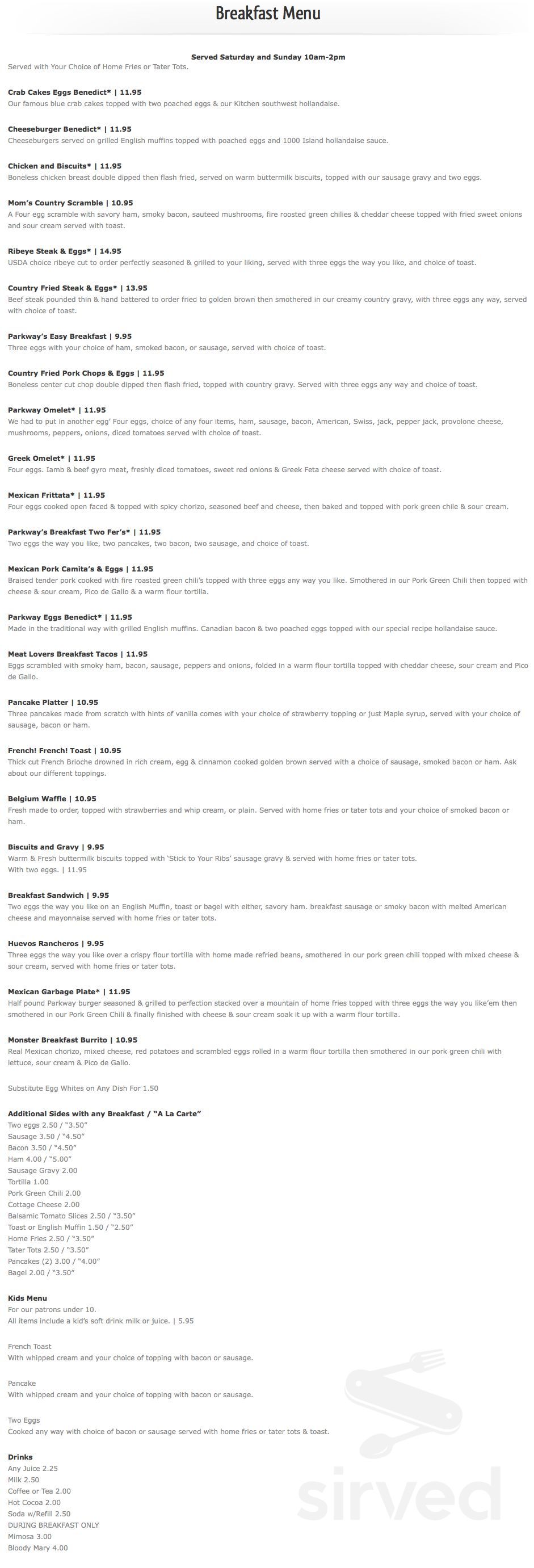 Parkway Bar and Grill menu in Aurora, Colorado, USA