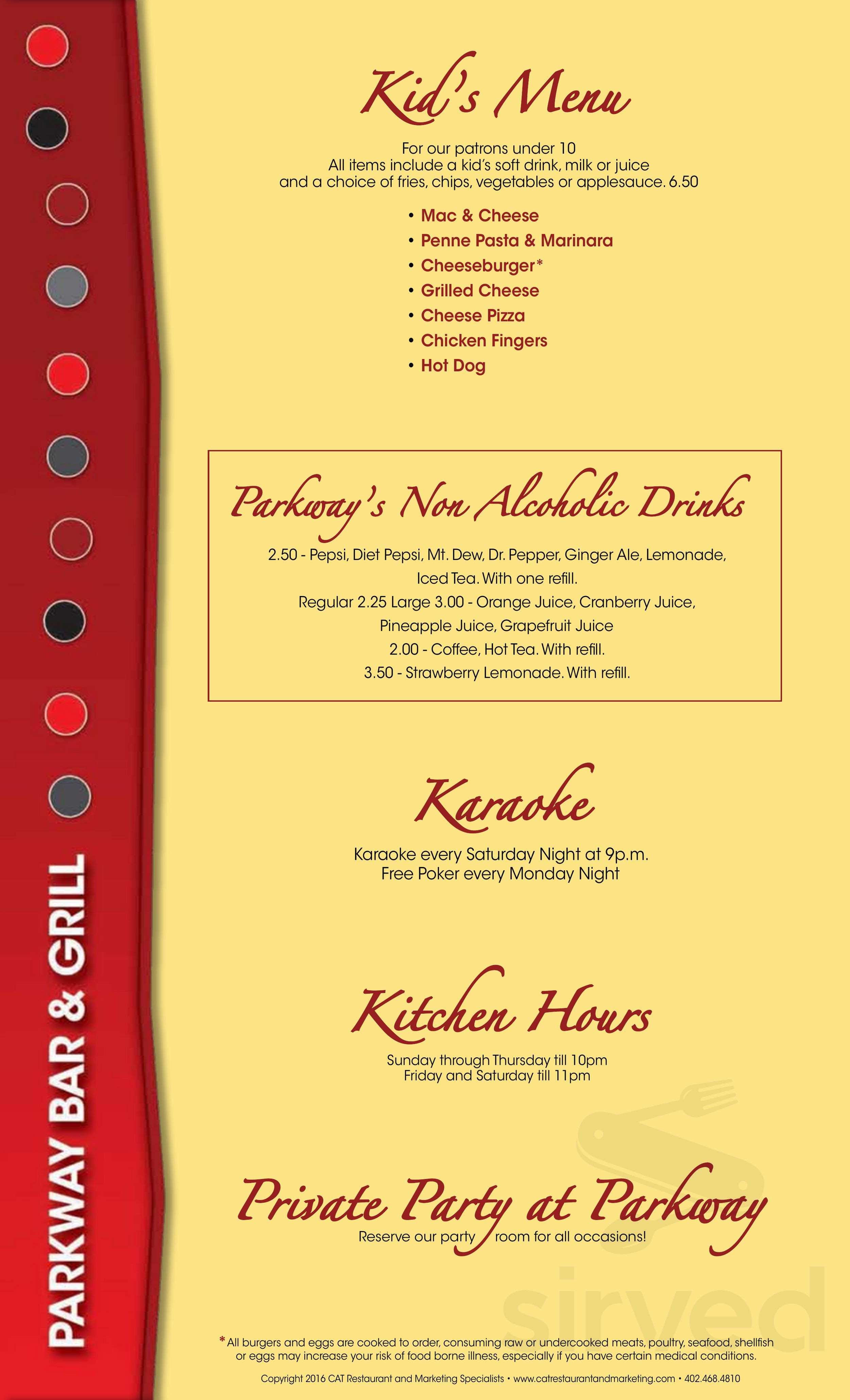 Parkway Bar and Grill menu in Aurora, Colorado, USA