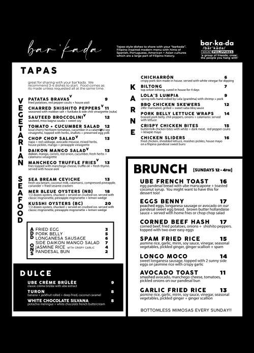 Bar'kada menu in Toronto, Ontario, Canada