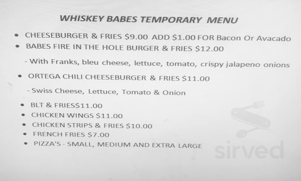 Whiskey Babes menu in Winchester, California, USA