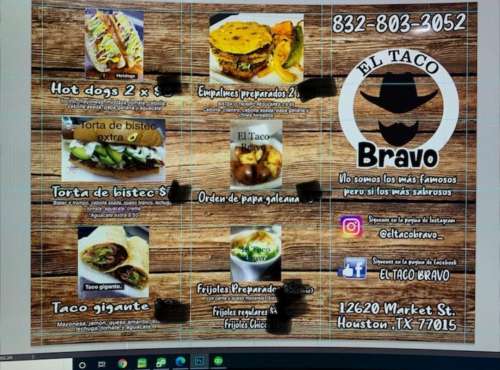El taco Bravo menu in Houston, Texas, USA