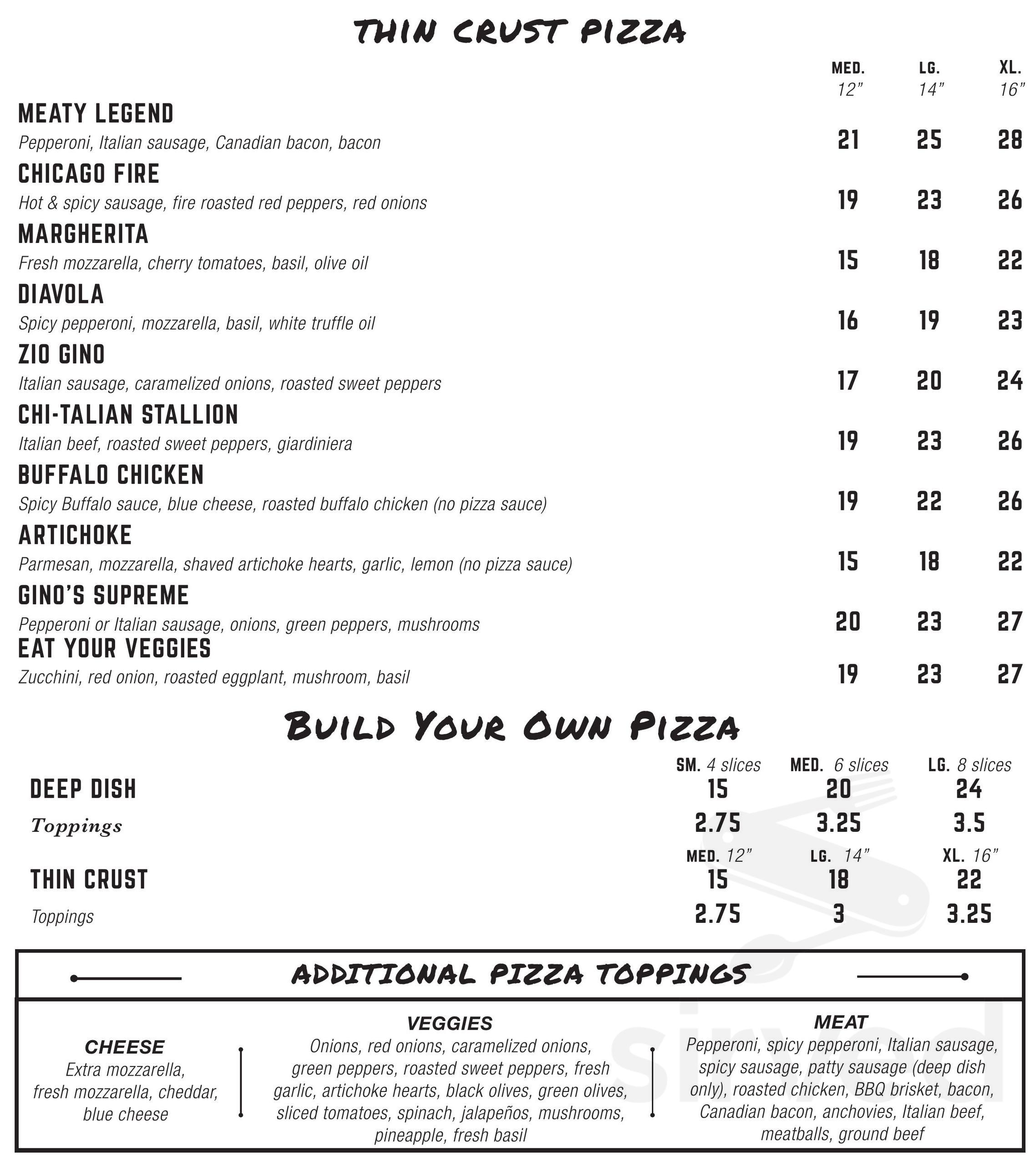 Gino's East menu in Lake Geneva, Wisconsin, USA