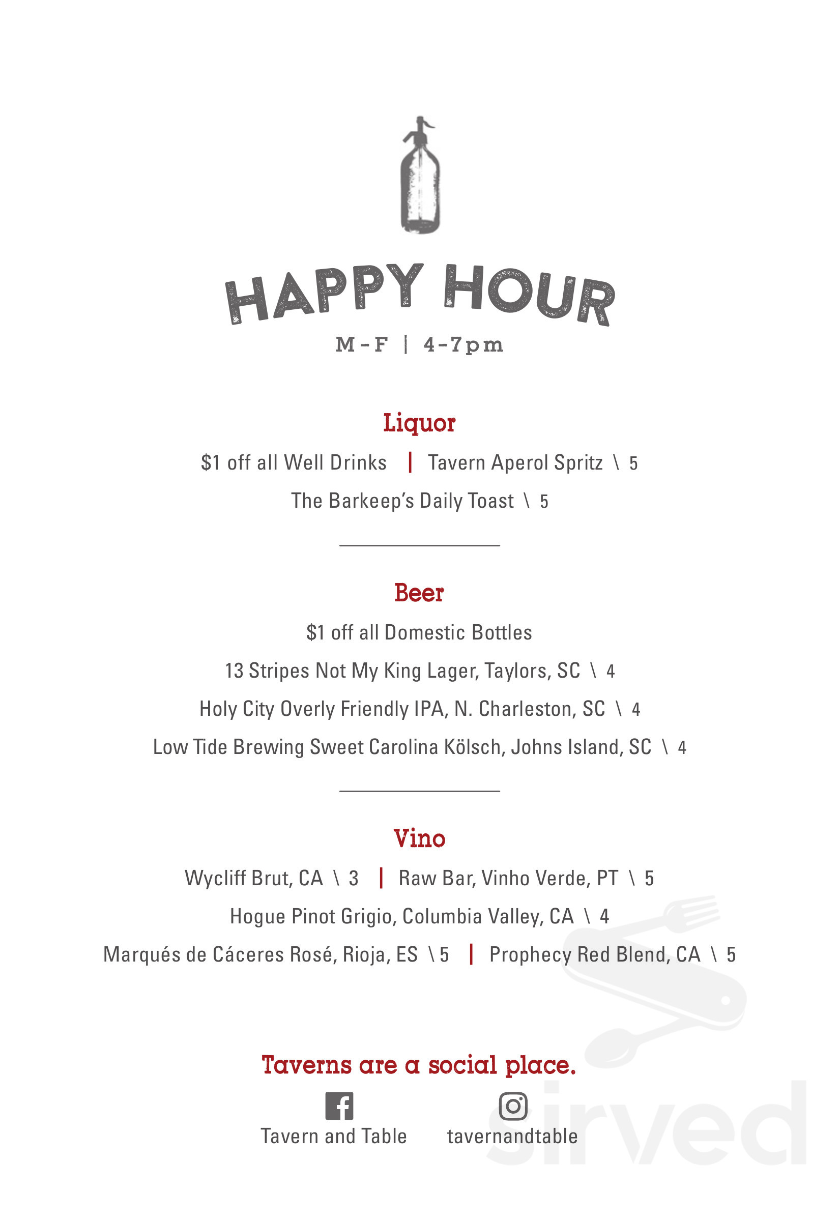 Tavern & Table menu in Mt Pleasant, South Carolina, USA