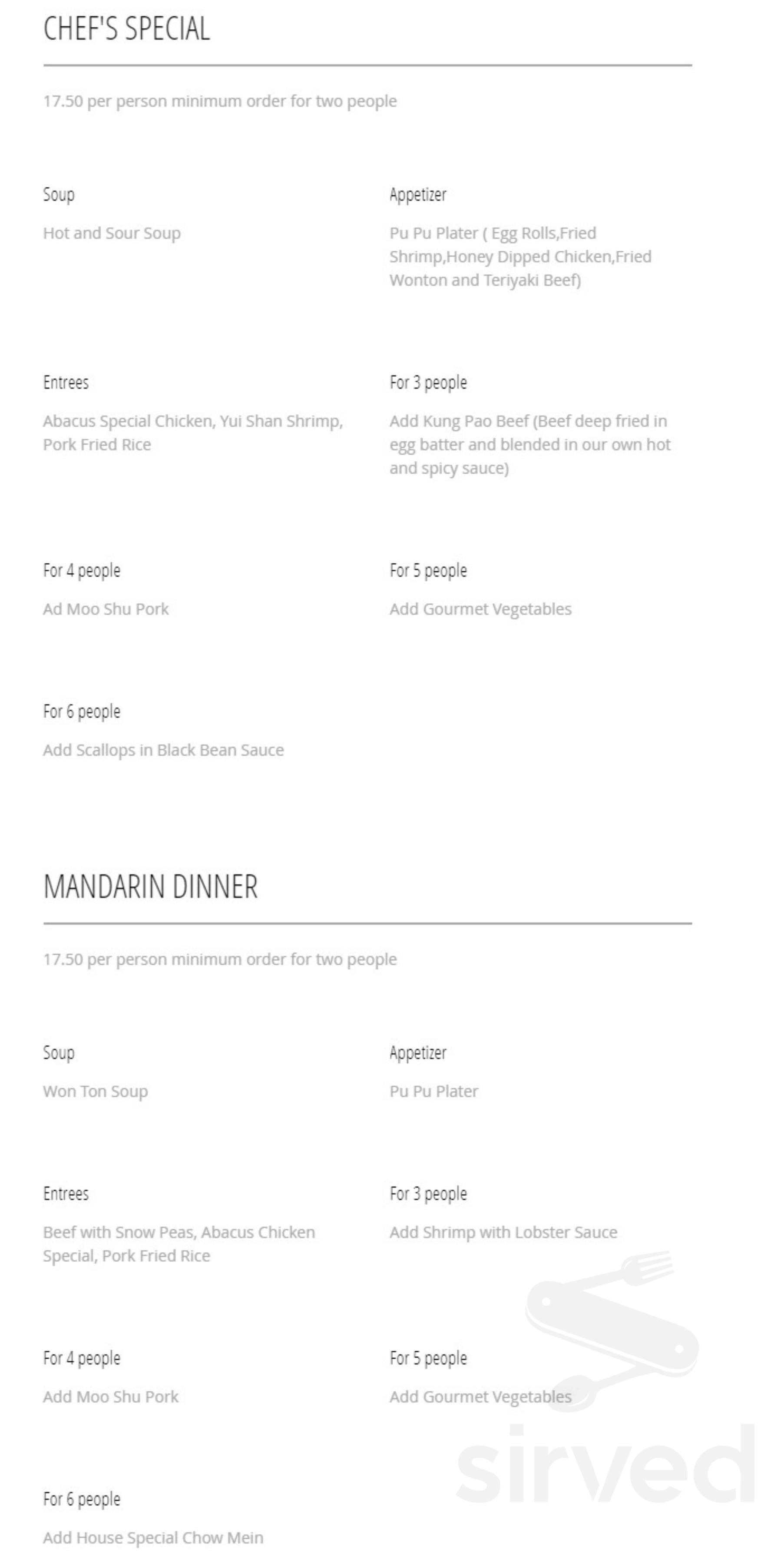 Abacus Inn Chinese Restaurant menus in Phoenix, Arizona, United States