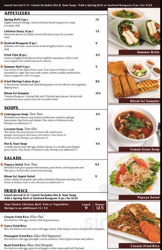 Menu - Macomb MI's Khom Fai Thai Dining Experience | Sirved