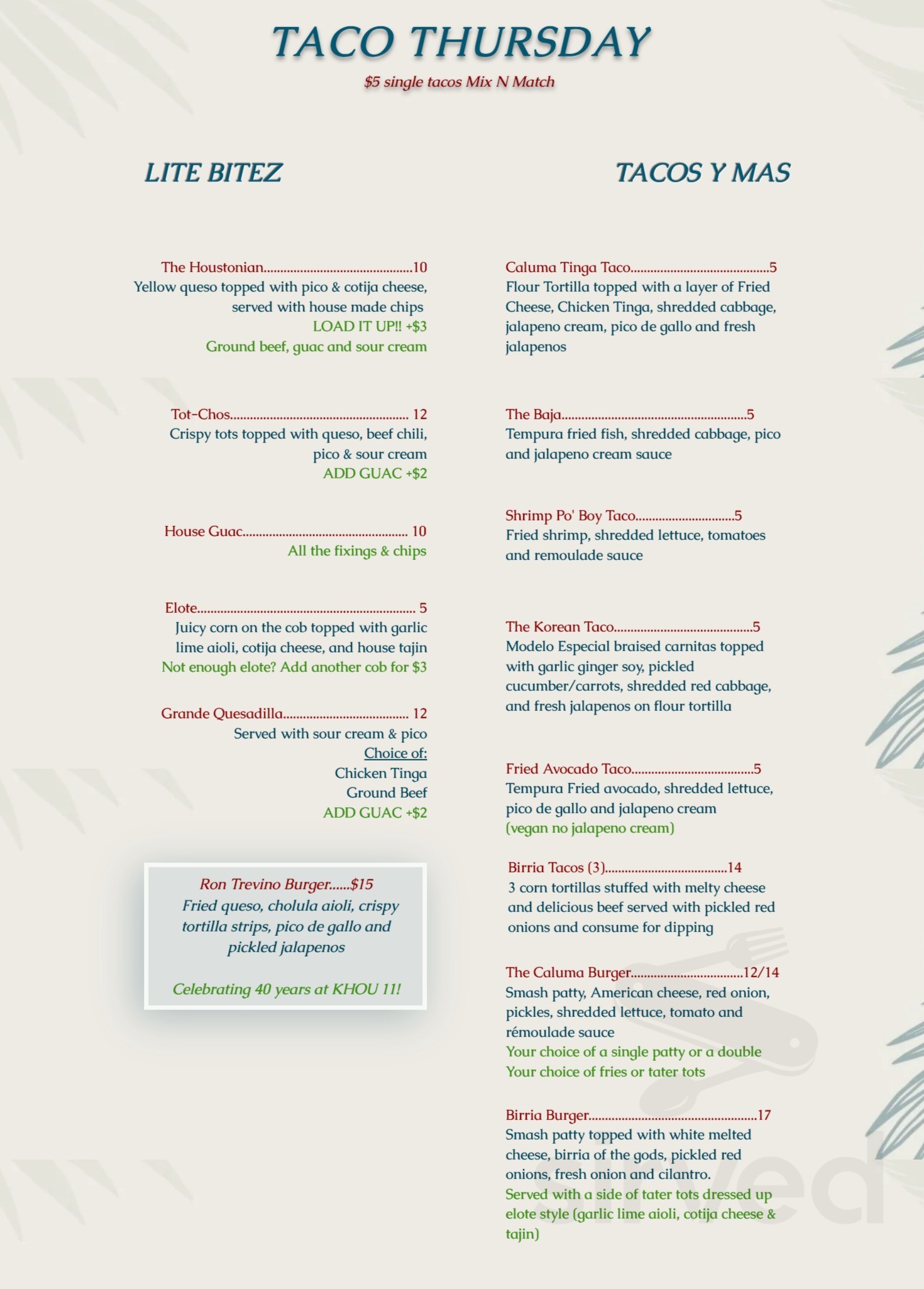 Space Cowboy menu in Houston, Texas, USA