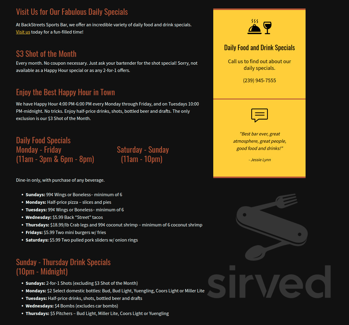 BackStreets Sports Bar menu in Cape Coral, Florida, USA