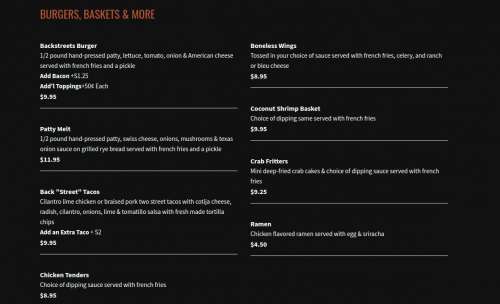 BackStreets Sports Bar menu in Cape Coral, Florida, USA