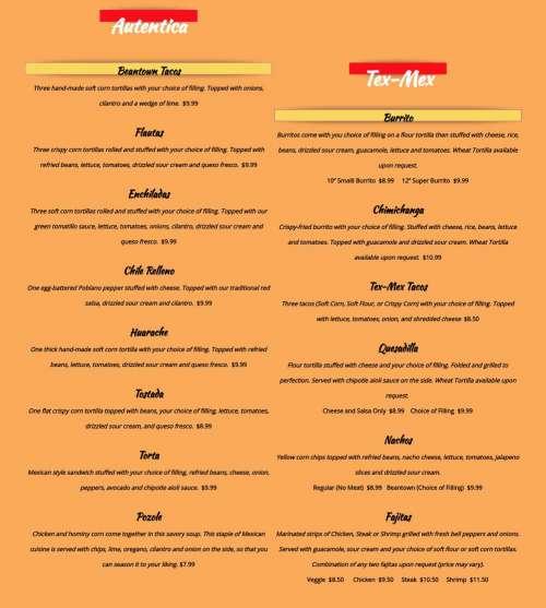 Beantown Taqueria menu in Cambridge, Massachusetts, USA