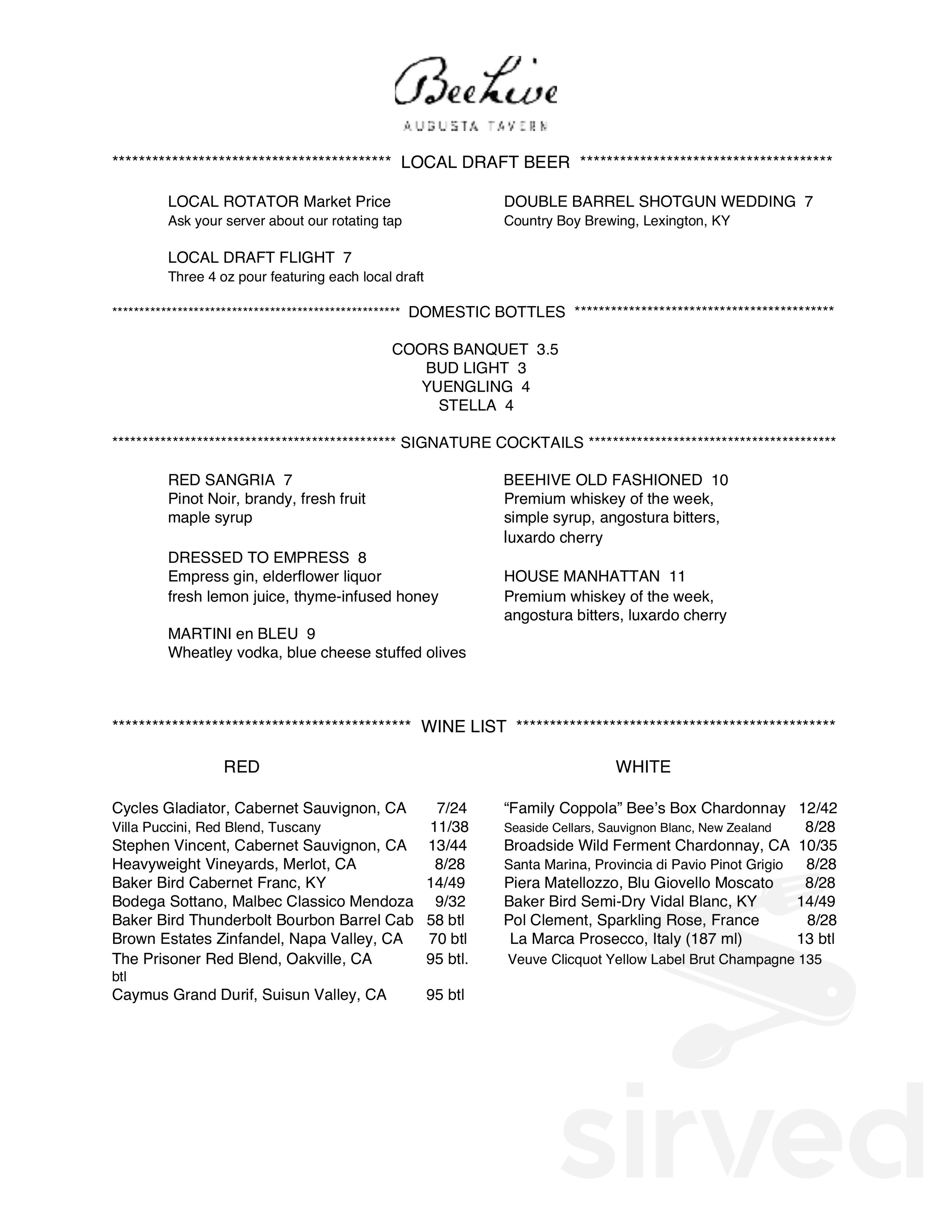 Menu for Beehive Augusta Tavern in Augusta, KY | Sirved