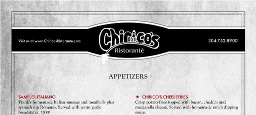 Menu for Chirico's Ristorante-Catering in Logan, WV | Sirved