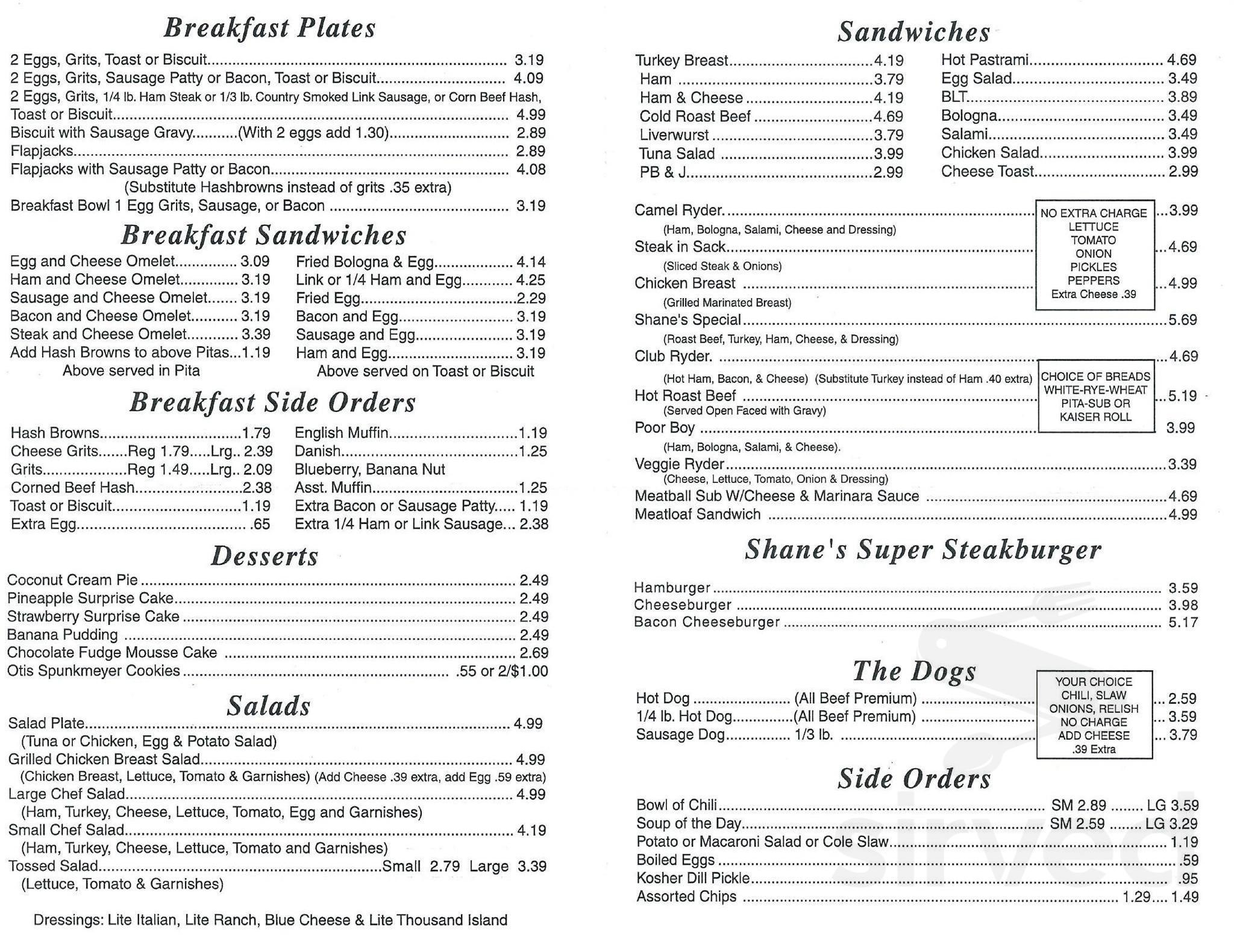 Shane's Sandwich Shop Inc menu in Jacksonville, Florida, USA