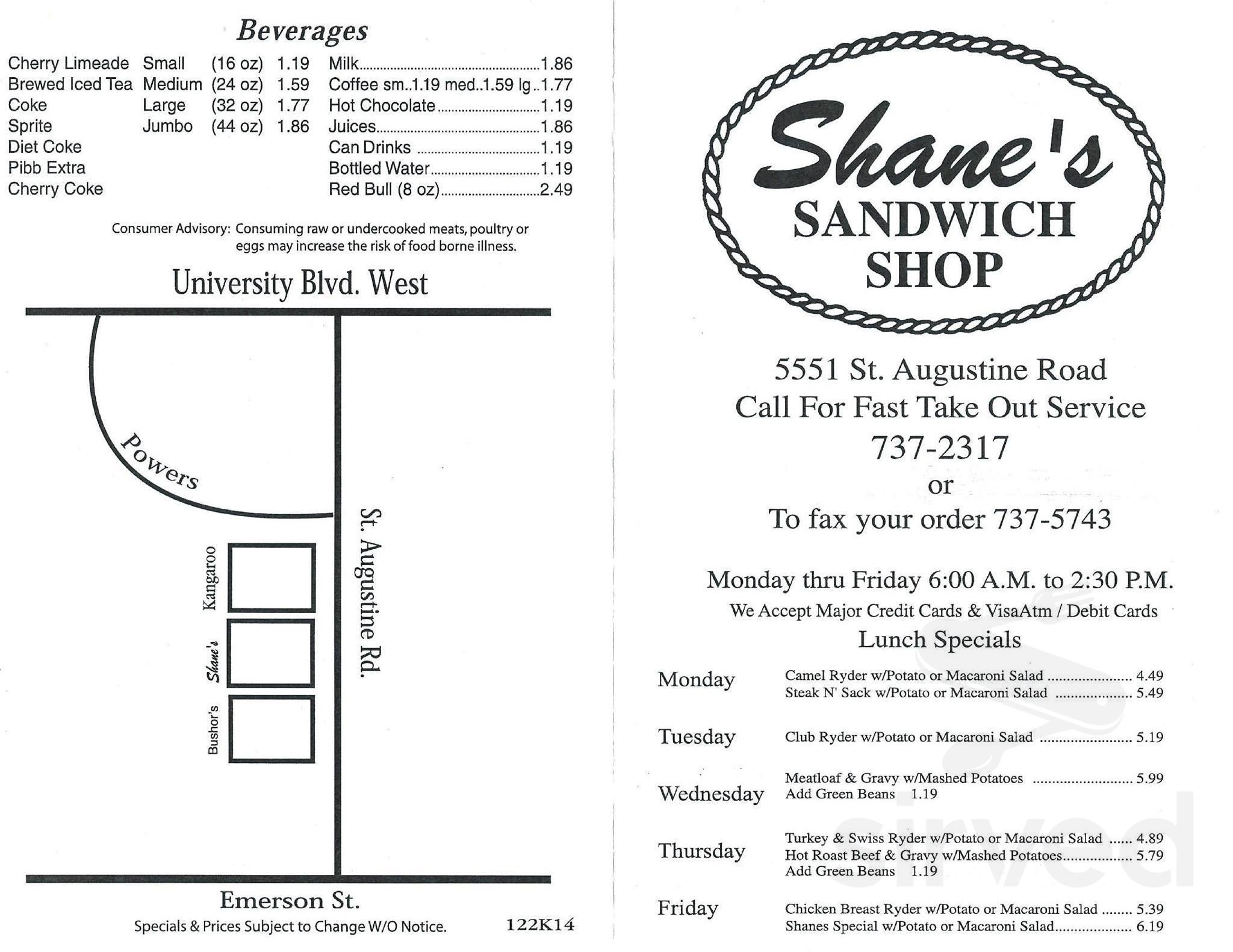Menu for Shane's Sandwich Shop Inc in Jacksonville, FL | Sirved