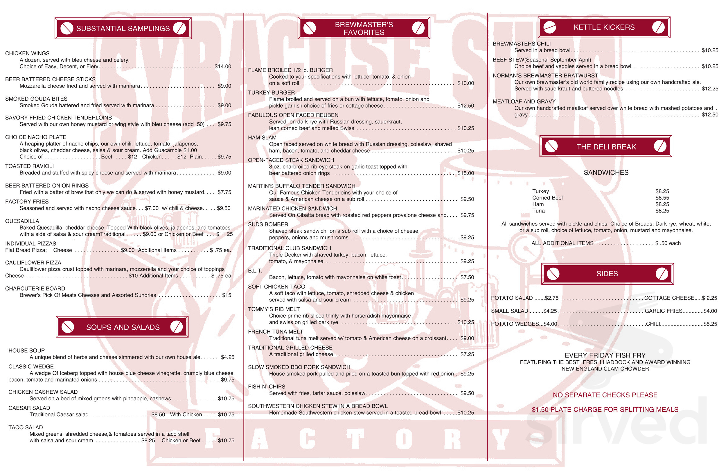 Syracuse Suds Factory menu in Syracuse, New York, USA
