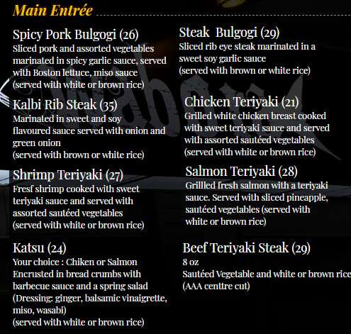 Wabora menu in Bracebridge, Ontario, Canada