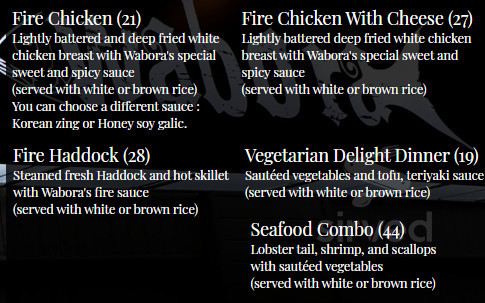 Wabora menu in Bracebridge, Ontario, Canada