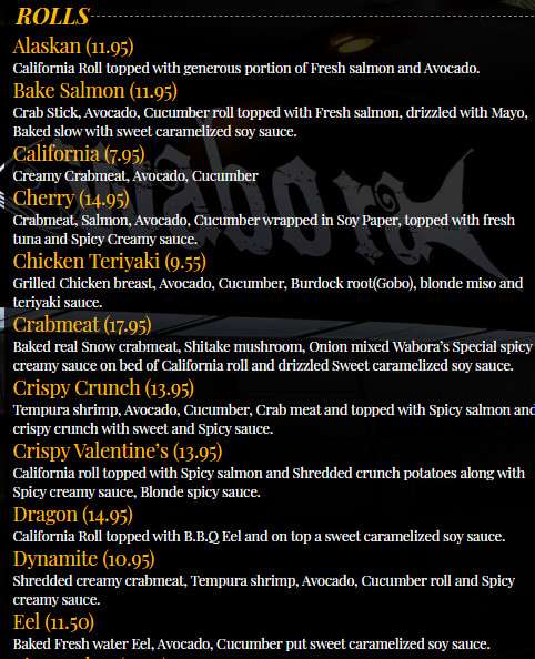 Wabora menu in Bracebridge, Ontario, Canada