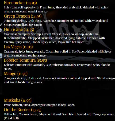 Wabora menu in Bracebridge, Ontario, Canada