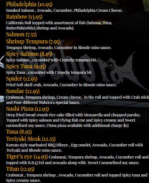 Wabora menu in Bracebridge, Ontario, Canada