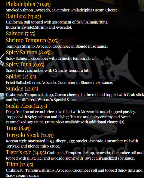 Wabora menu in Bracebridge, Ontario, Canada