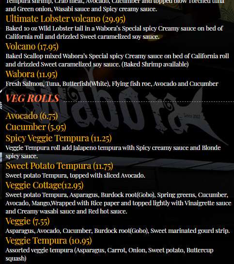 Wabora menu in Bracebridge, Ontario, Canada