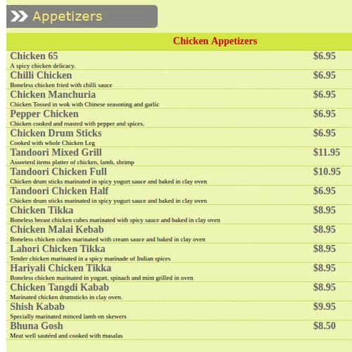 Mayuri Express menu in Houston, Texas, USA