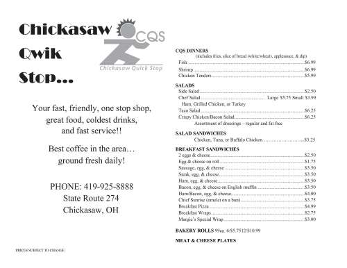 Chickasaw Qwik Stop menu in Chickasaw, Ohio, USA