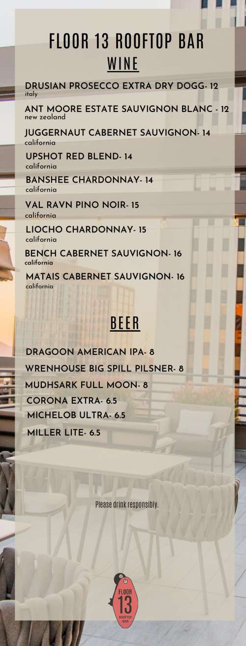 Floor 13 Rooftop Bar menu in Phoenix, Arizona, USA