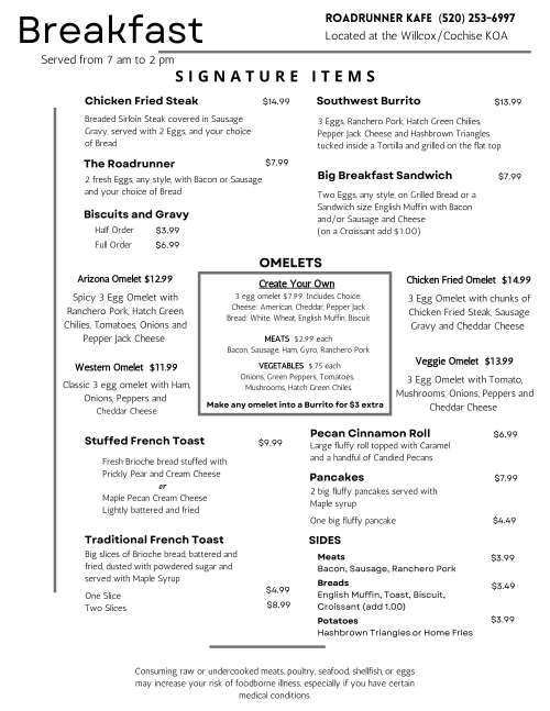 Roadrunner Kafé (Café) menu in Willcox, Arizona, USA