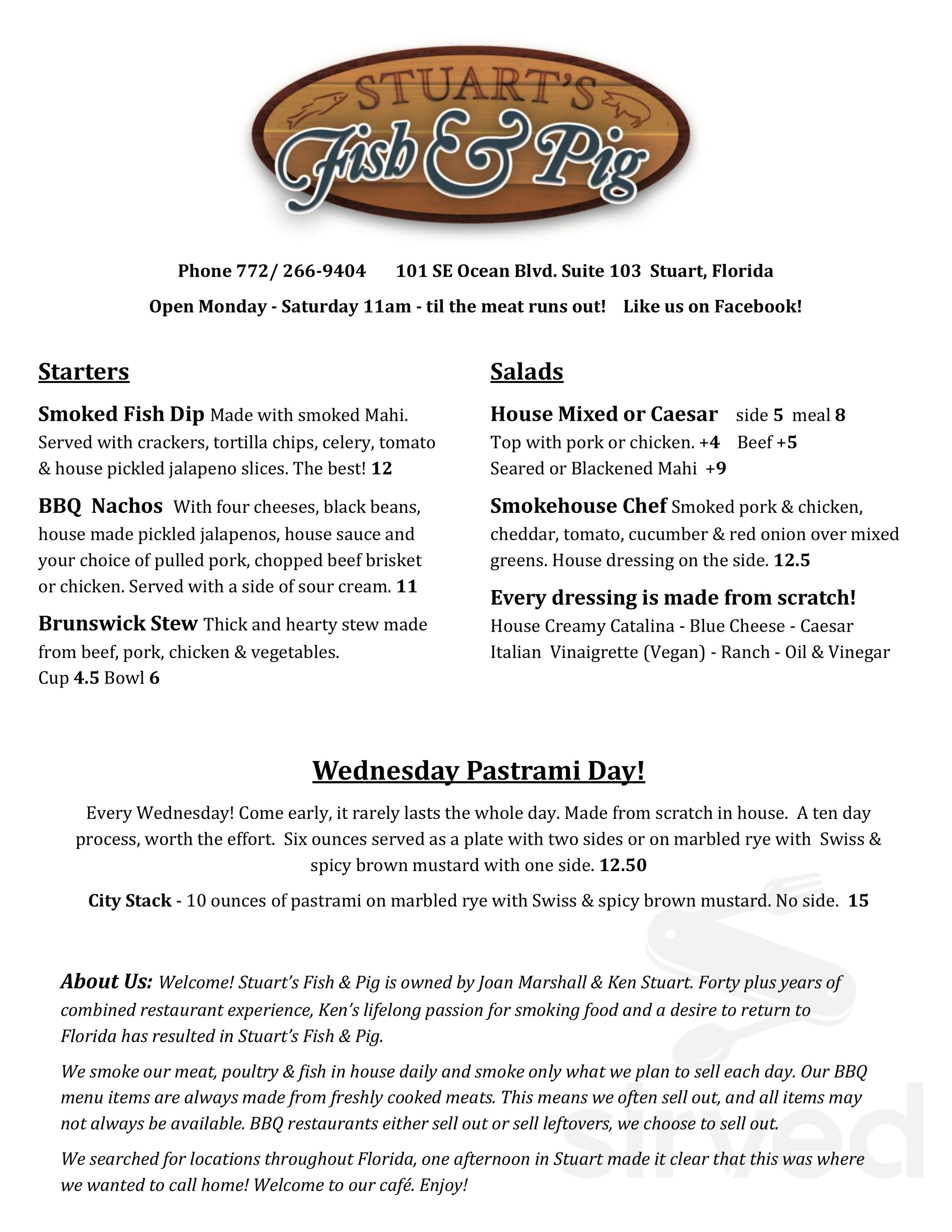 Stuart's Fish & Pig menu in Stuart, Florida, USA