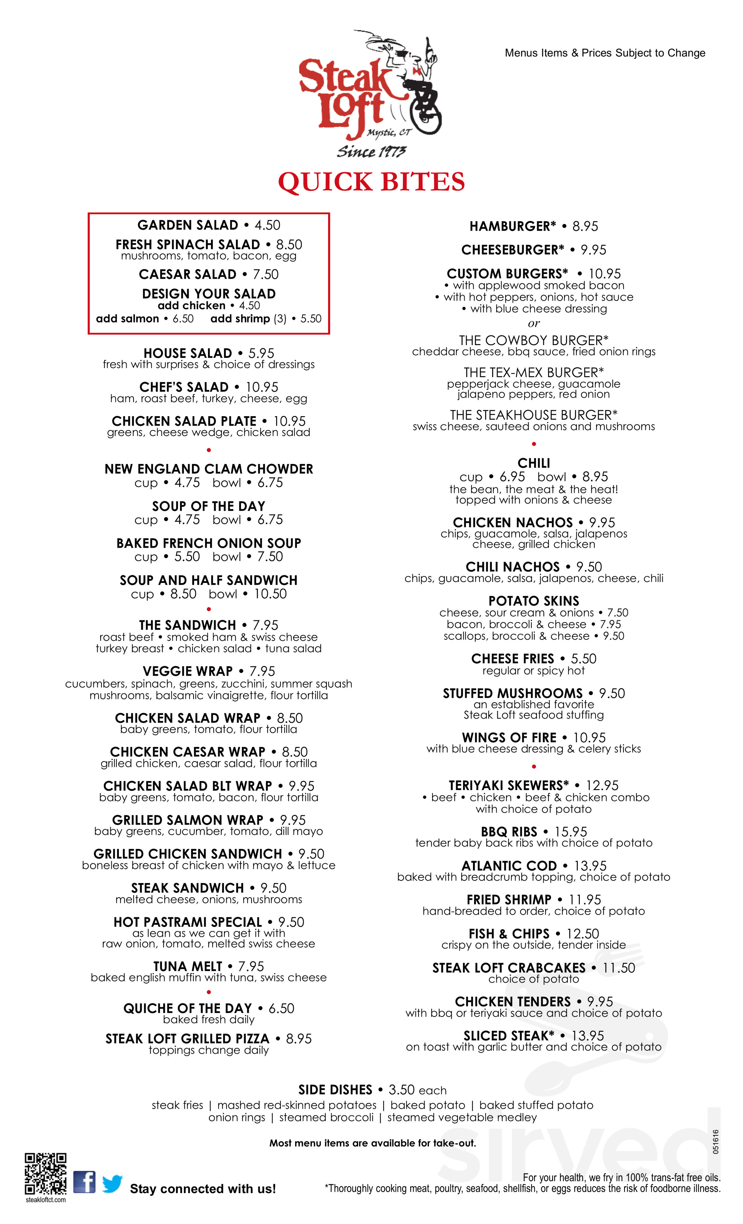 Steak Loft Restaurant menu in Mystic, Connecticut, USA