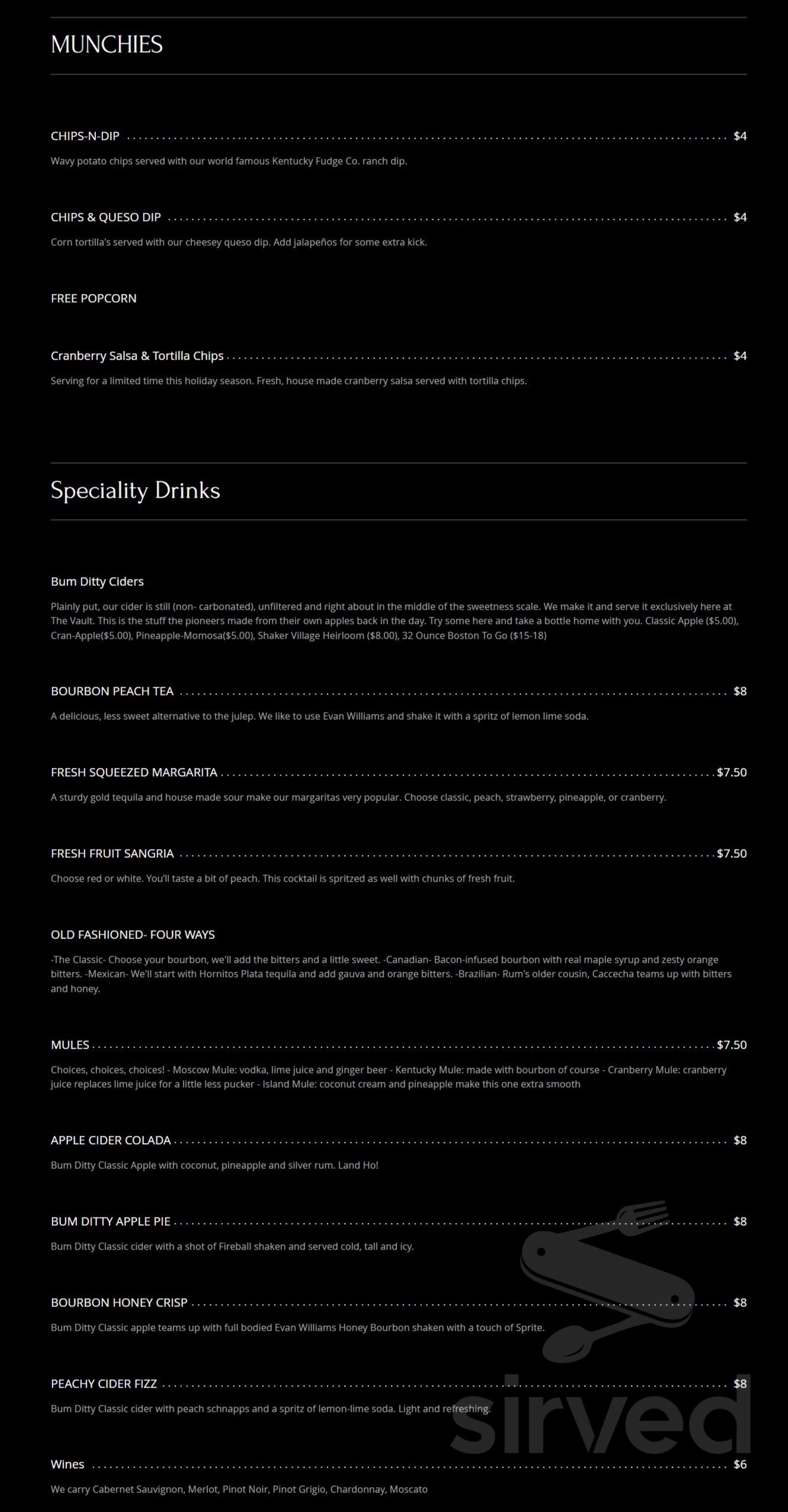 Menu for The Vault - Ciders, Suds and Spirits in Harrodsburg, KY | Sirved