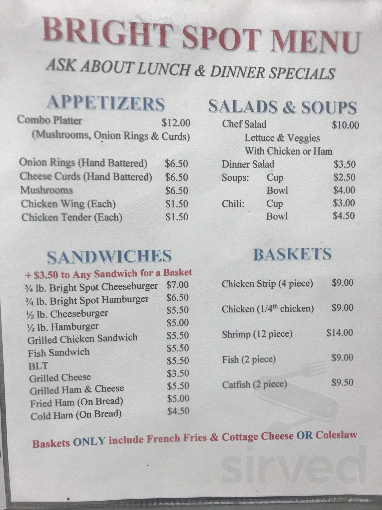 Bright Spot Tavern & Restaurant menu in De Soto, Wisconsin, USA