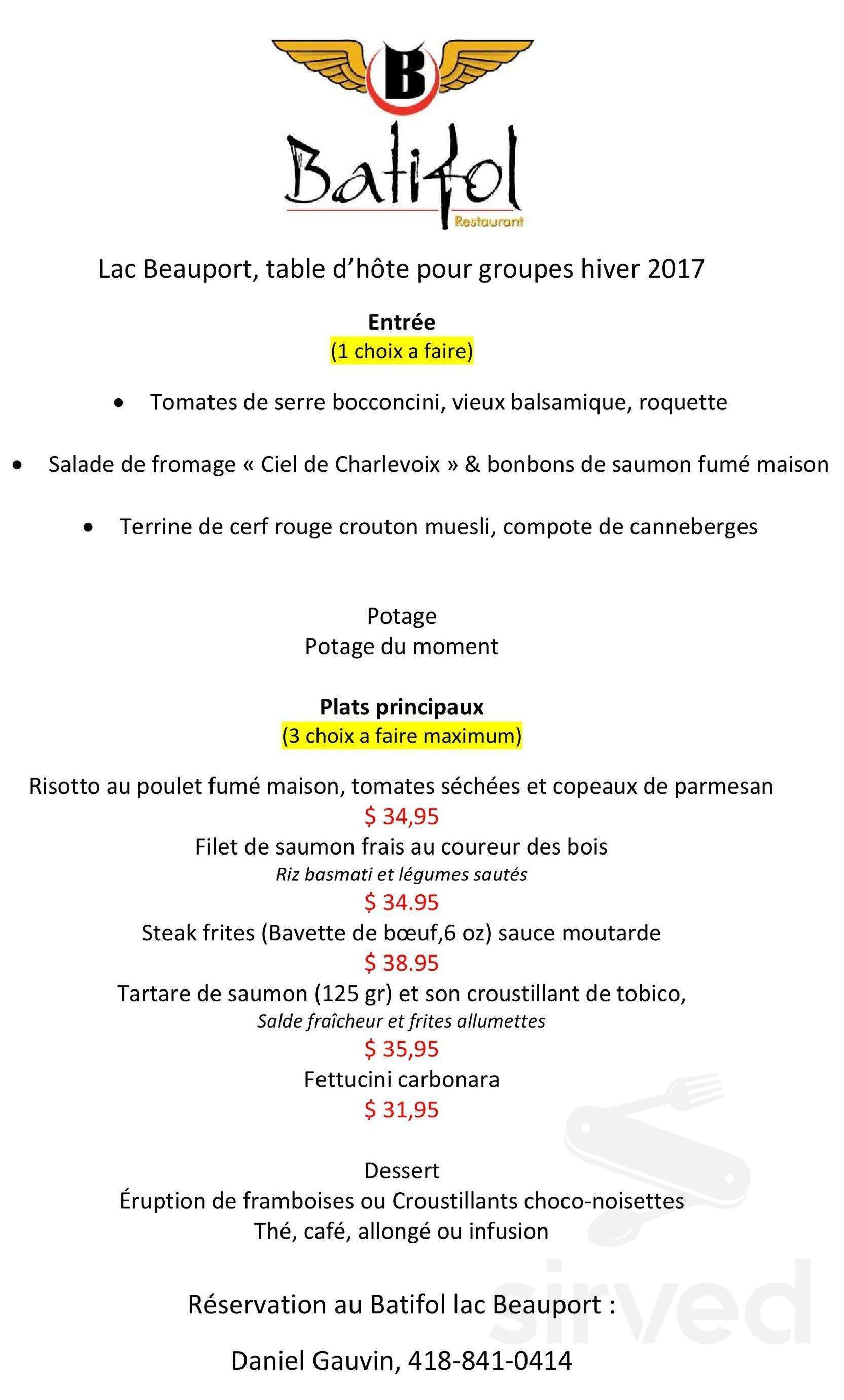 Restaurant Le Batifol menu in Lac-Beauport, Quebec, Canada