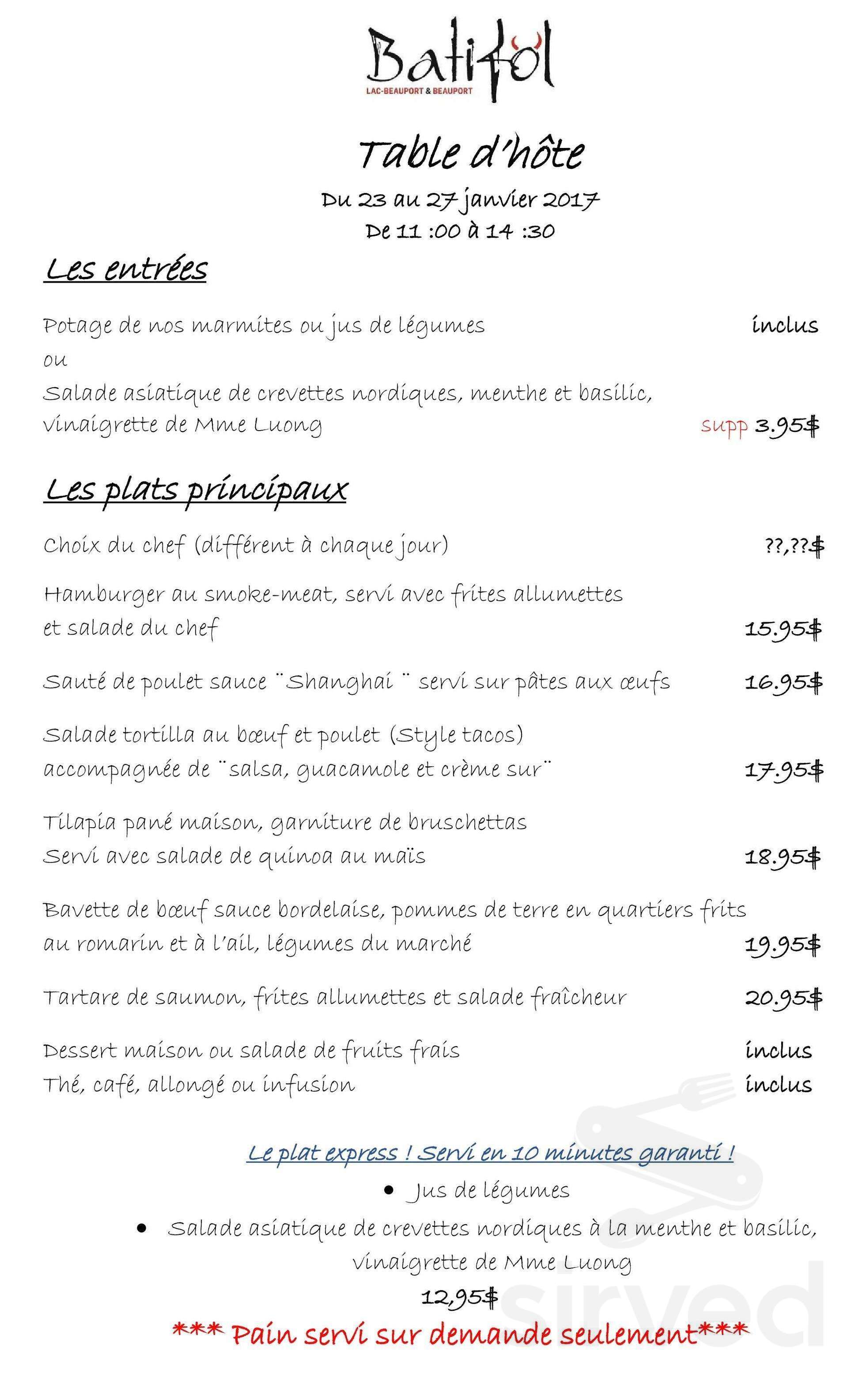 Restaurant Le Batifol menu in Lac-Beauport, Quebec, Canada