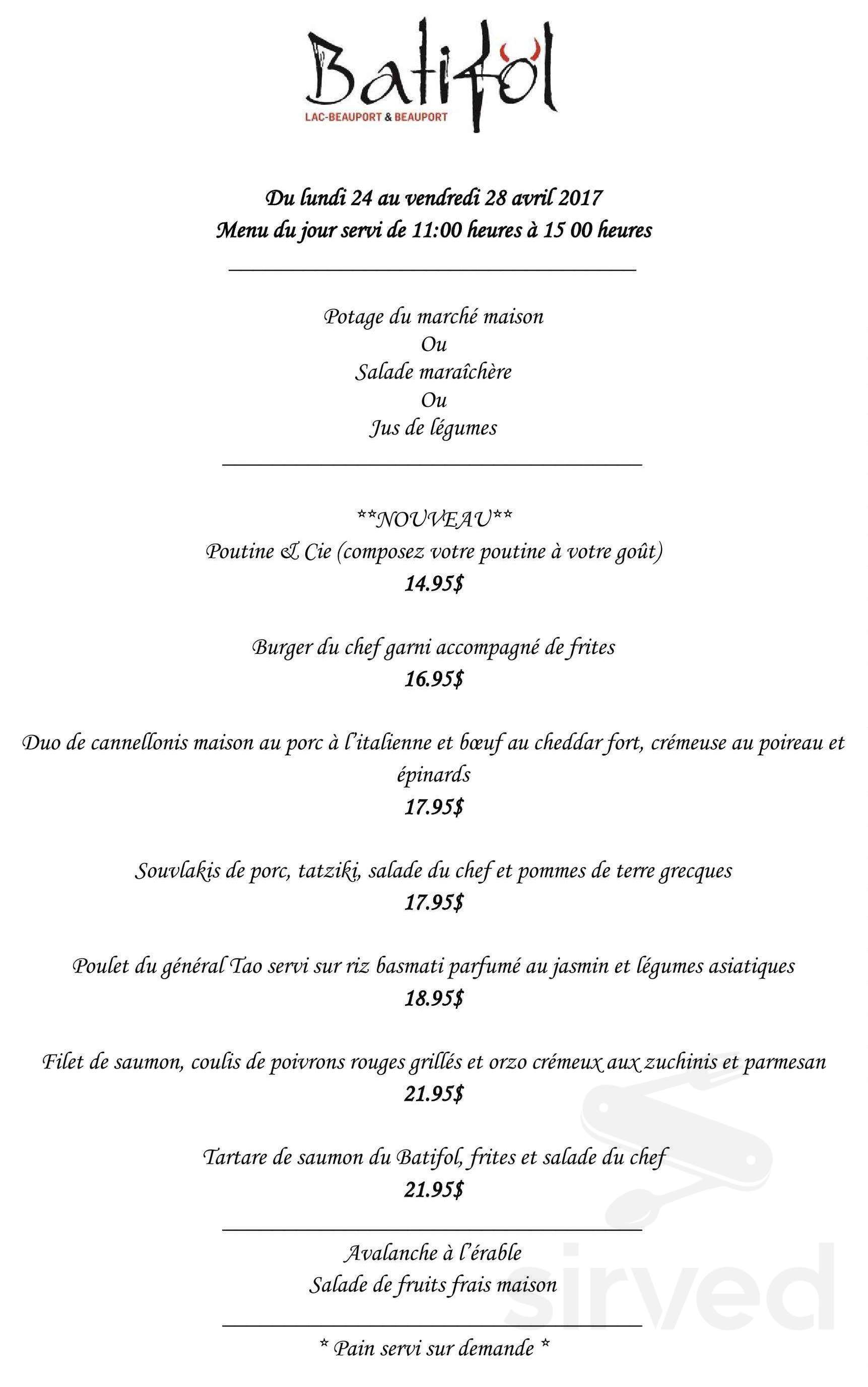 Restaurant Le Batifol menu in Lac-Beauport, Quebec, Canada