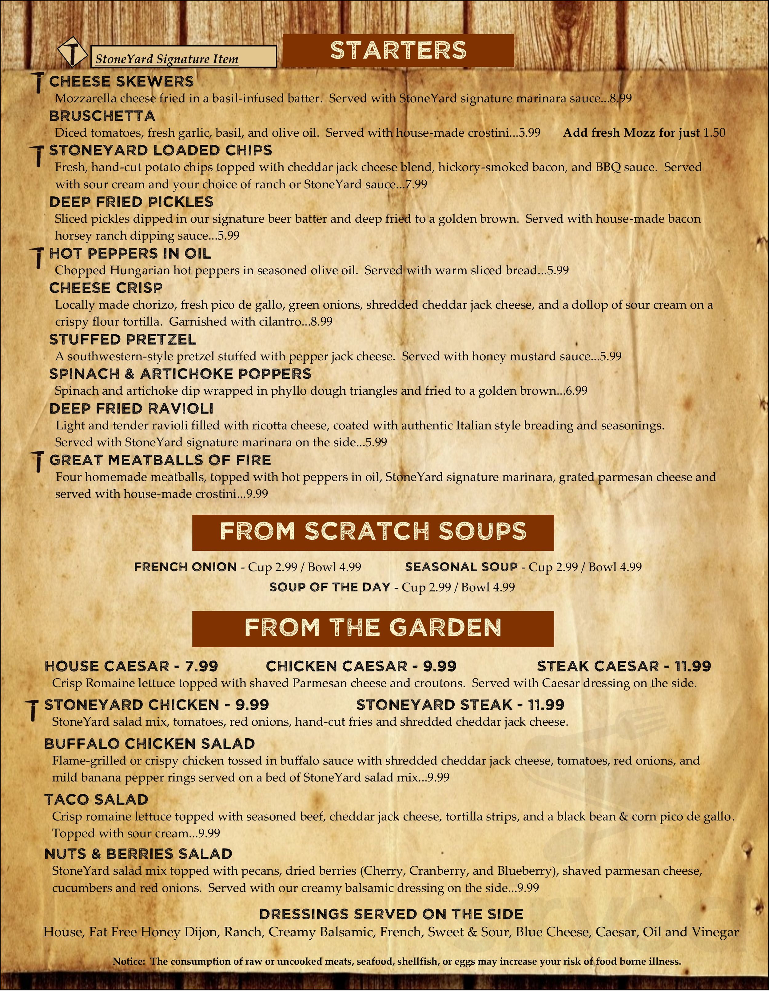 Menu for Stoneyard Grill & Tavern in Niles, OH | Sirved