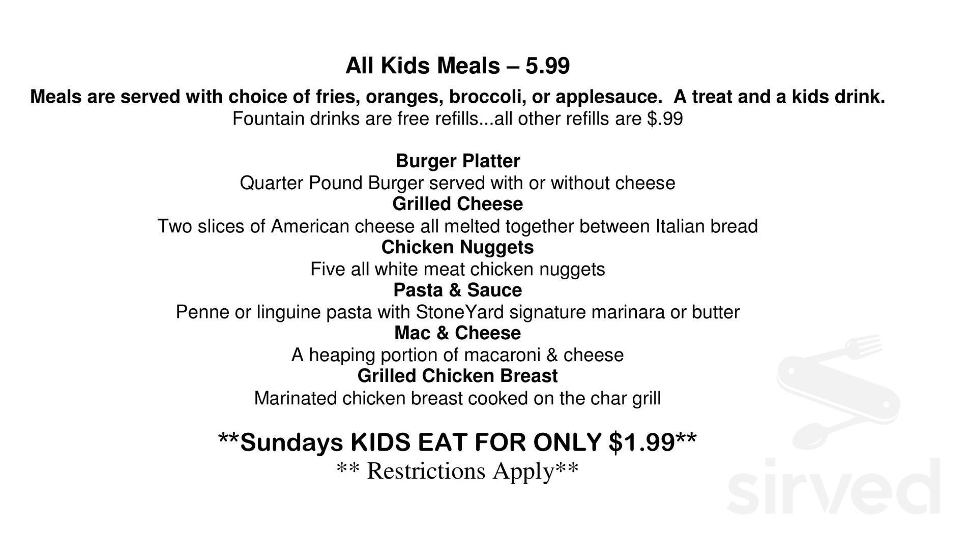 Stoneyard Grill & Tavern menu in Niles, Ohio, USA