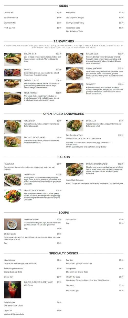 Bailey's Breakfast & Lunch menu in Omaha, Nebraska, USA