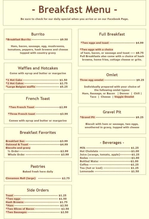 The Potbelly Cafe menu in Chiloquin, Oregon, USA