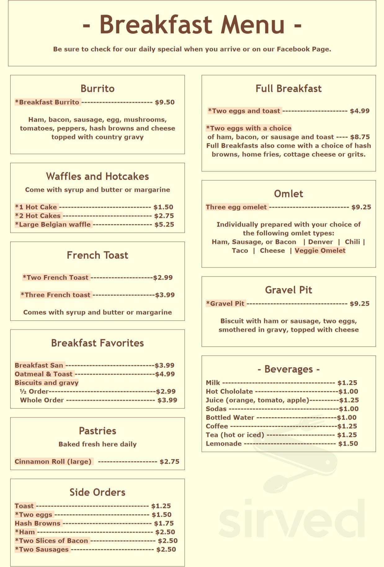 The Potbelly Cafe menu in Chiloquin, Oregon, USA