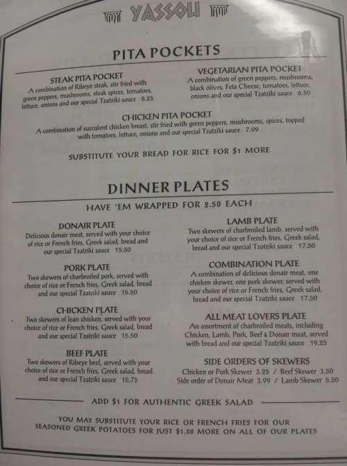 Yassou Souvlaki & Donair menu in Fredericton, New Brunswick, Canada