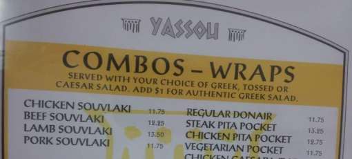 Menu for Yassou Souvlaki & Donair in Fredericton, NB | Sirved