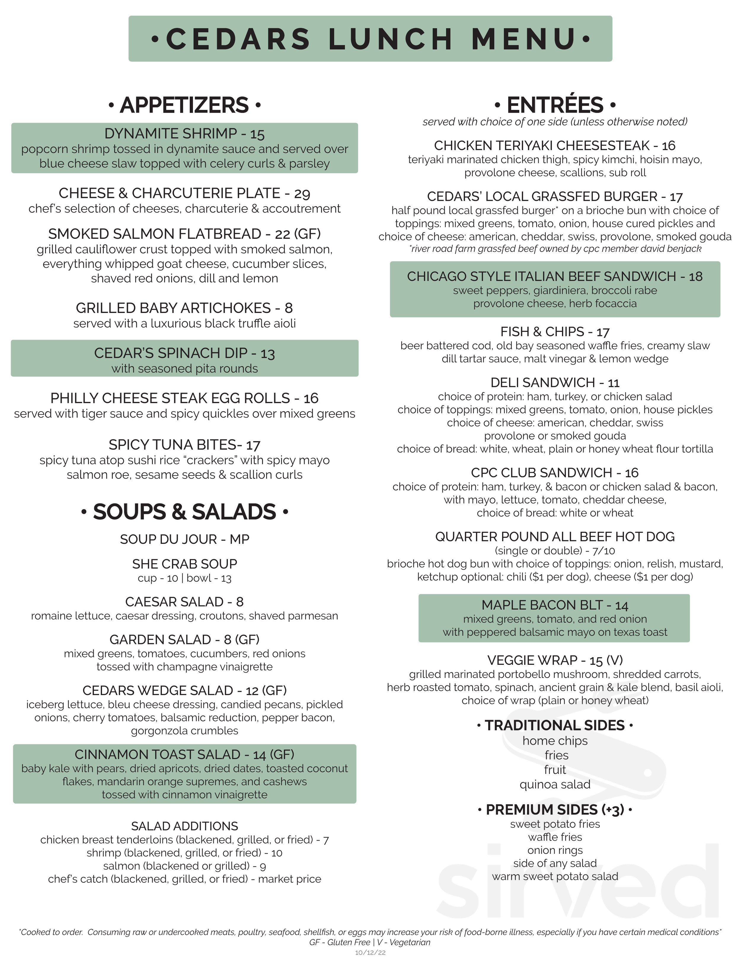 Cedar Point Club menu in Suffolk, Virginia, USA