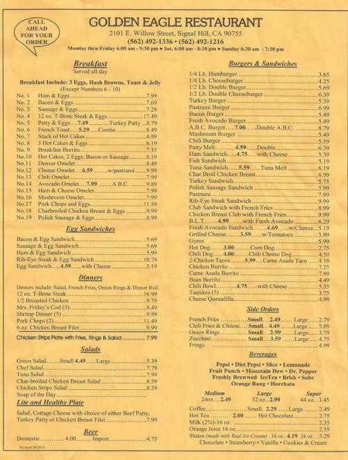 Golden Eagle Restaurant menu in Signal Hill, California, USA