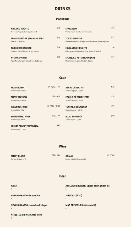 Niseko Ramen menu in Big Sky, Montana, USA