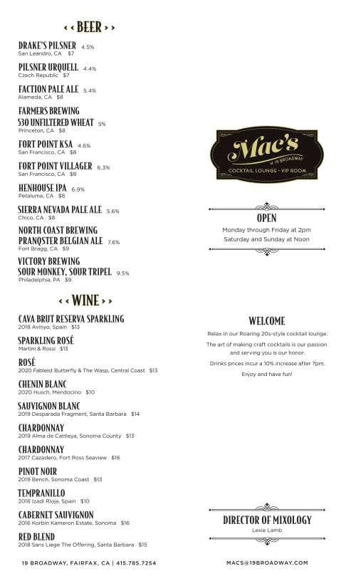 Mac's at 19 Broadway menu in Fairfax, California, USA