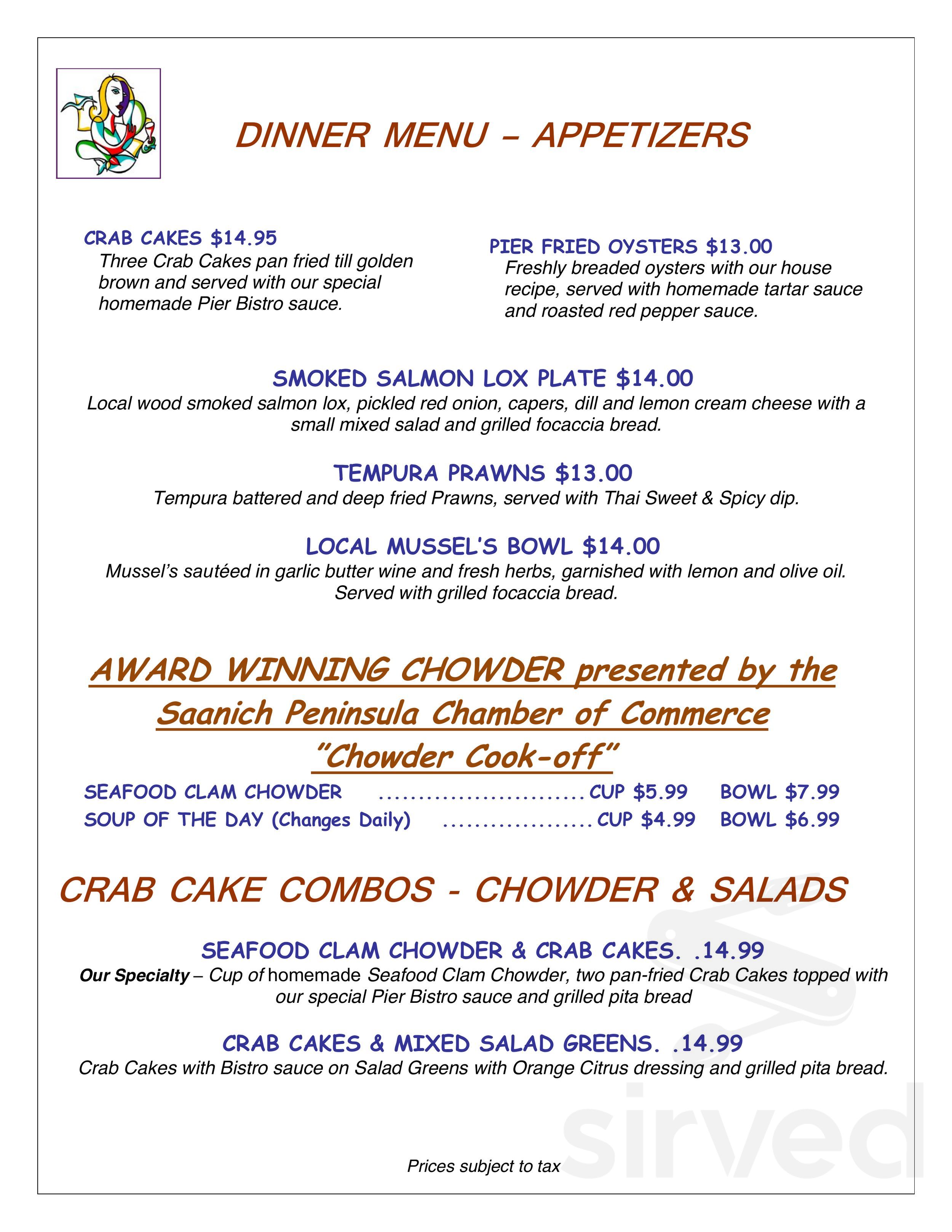 The Pier Bistro menu in Sidney, British Columbia, Canada