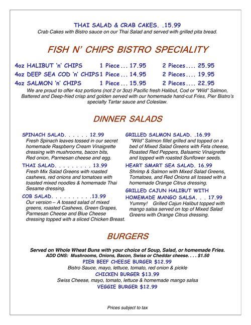 The Pier Bistro menu in Sidney, British Columbia, Canada