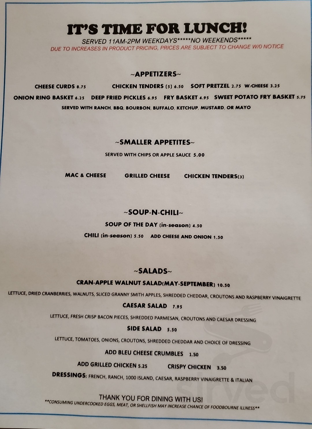 Sorge's DayBreak Diner menu in Three Lakes, Wisconsin, USA